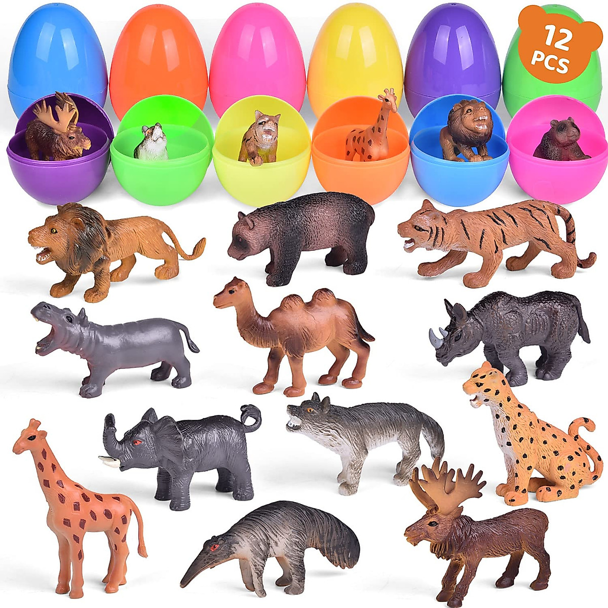 Fun Little Toys 12PCS Easter Eggs Prefilled Wild Animal Figures Surprise Plastic Easter Eggs Basket Stuffers