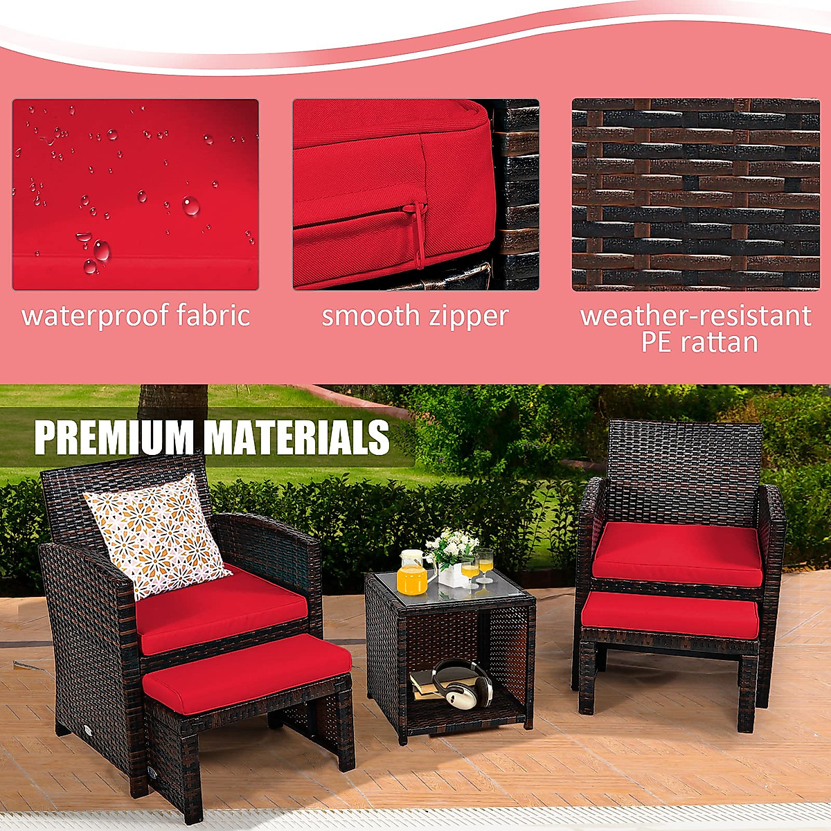 Tangkula 5 Pieces Patio Rattan Furniture Set, Outdoor Conversation Set with Cushioned Chair & Ottoman & Tempered Glass Coffee Table, All Weather Patio Sofa Sets for Garden, Backyard, Poolside (Red)