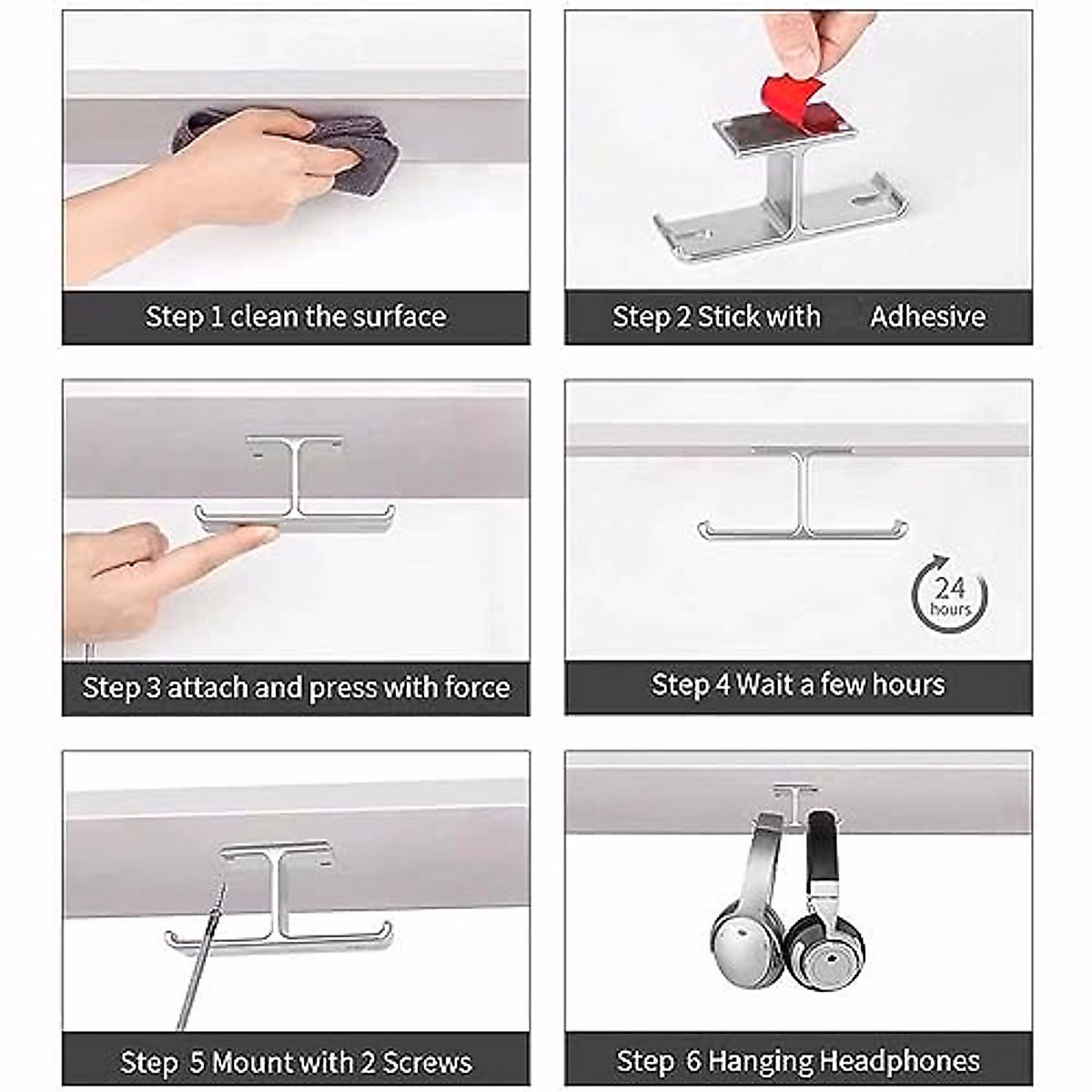 GOGUY Under Desk Hook Aluminum Stick-On Adhesive Dual Headsets Holder Mount PC Gaming Accessories, Headphone Stand with Cable Organizer,Black