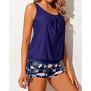 Yonique Blouson Tankini Swimsuits for Women 2 Piece Flamingo Bathing Suits Tops with Boyshorts Modest Loose Fit Swimwear M