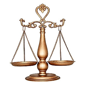 Owlgift Vintage Metal Lawyer Scale of Justice Libra, Decorative Jewelry Storage, Tray Cosmetic Organizer, Farmhouse Candleholder Display, Home Décor Centerpiece Stand – Golden, 15“ W x 17” H
