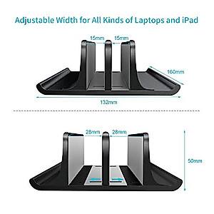 Double Adjustable Vertical Laptop Stand Newly Designed 2 Slots Aluminum Desktop Dual Holder for All MacBook/Chromebook/Surface/Dell/iPad Up to 17.3 Inches - Black