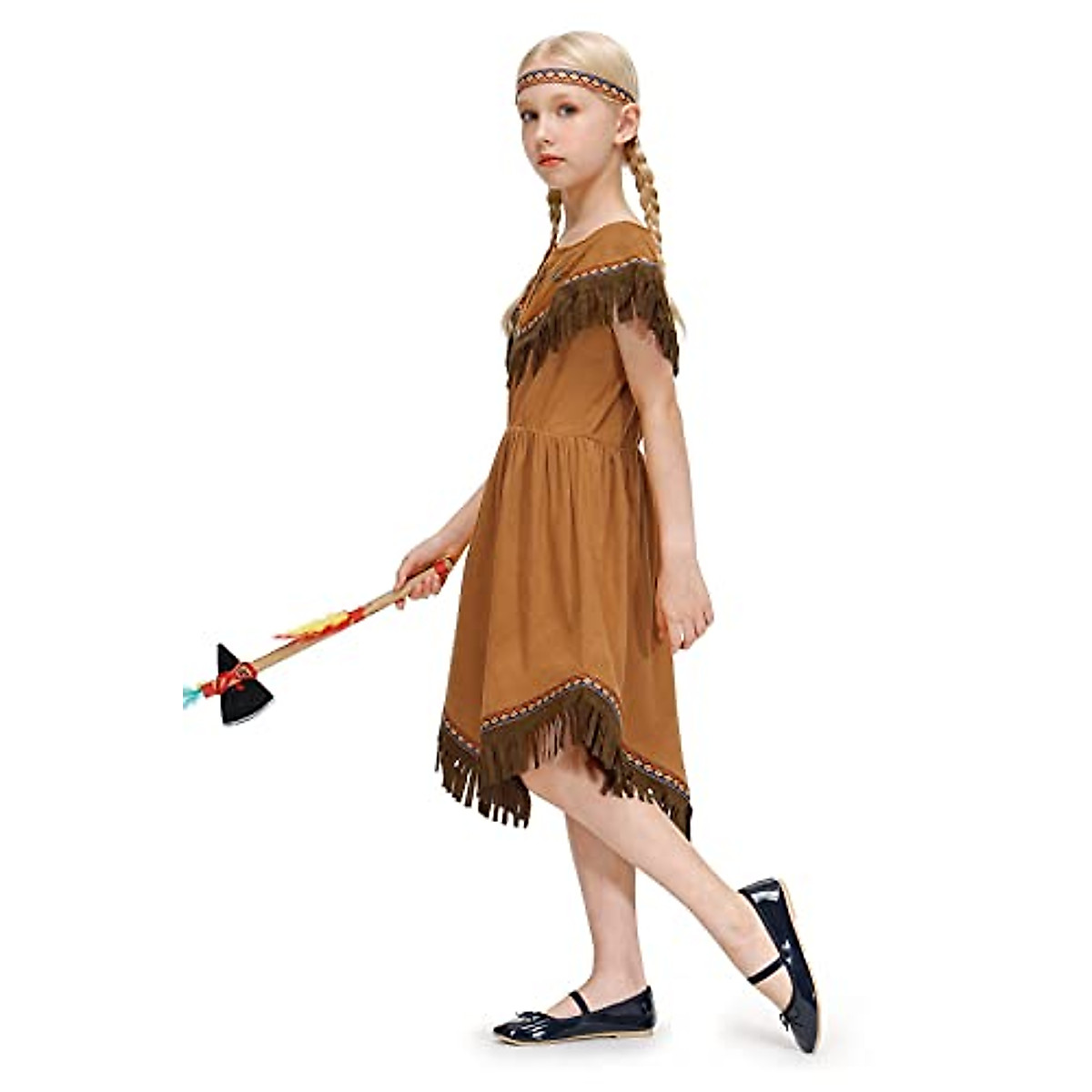 IIMMER Girls Halloween Native American Costume Brown Fringed Indians Pleated Aline Dress Outfit with Headband 9-10 Years