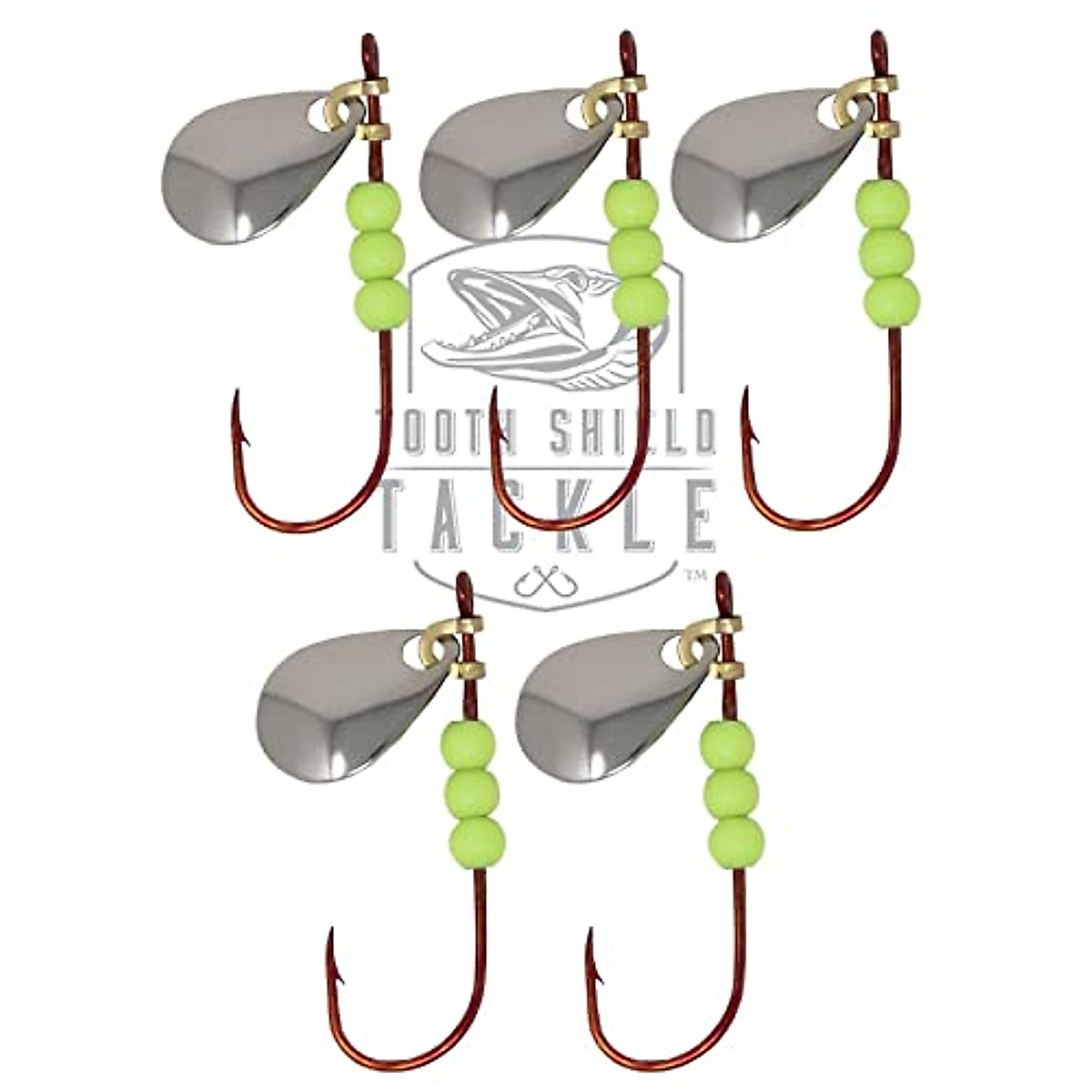 Tooth Shield Tackle Ice Fishing Deadstick Charmer Hook Tip-Up Rig / Tip Down Hook Rig Walleye Crappie Perch Jig [Red Chartreuse] 5 Pack (Hook Size: 4)