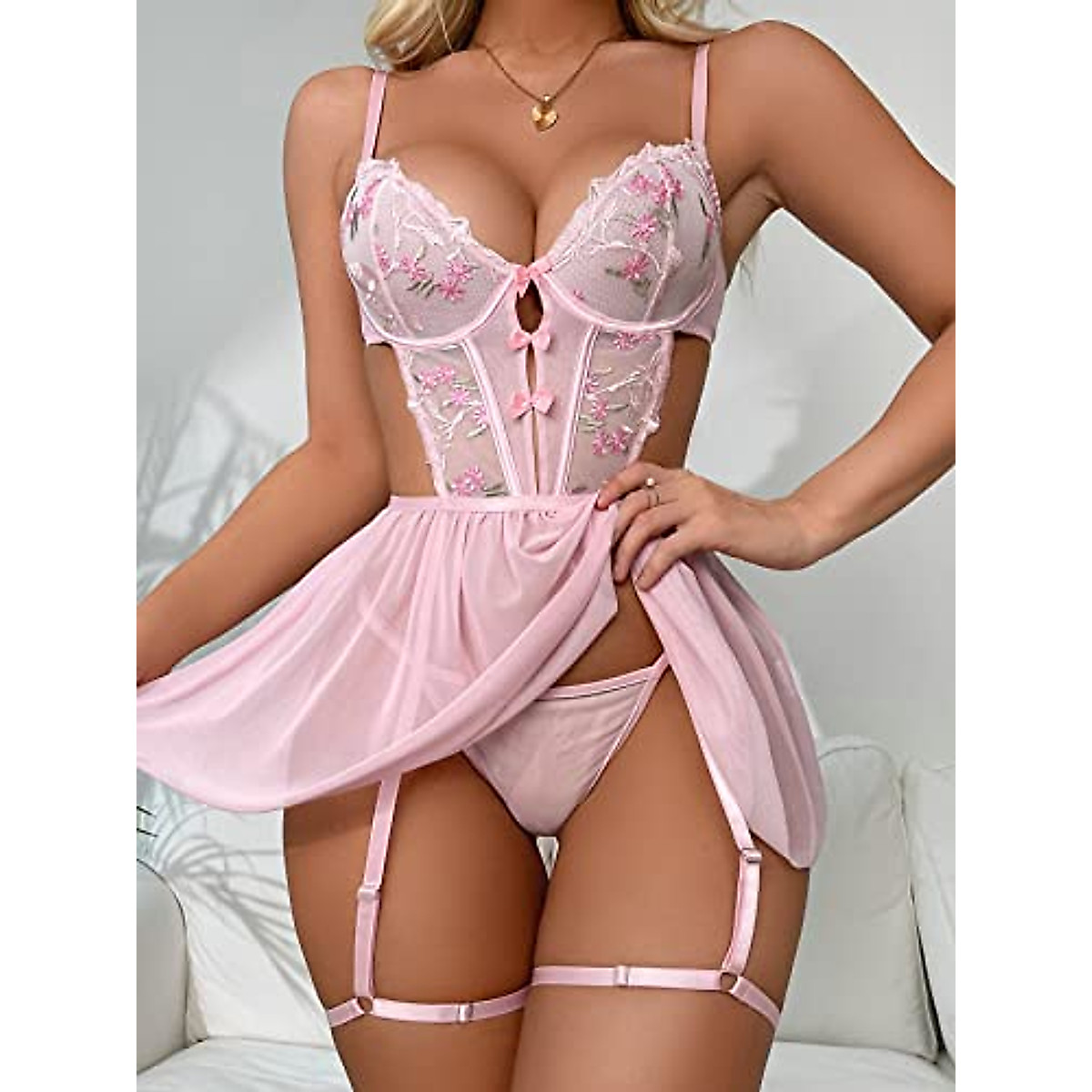 WDIRARA Women's Floral Embroidery Mesh Split Cut Out Babydoll Lingerie Slip Dress Pink M