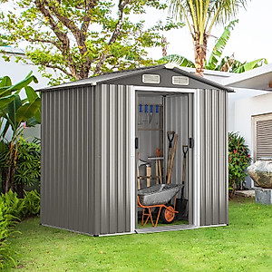 HAPPYGRILL 6' x 4' Outdoor Metal Storage Shed, Galvanized Steel Shed with Tilted Roof, Lockable Sliding Doors & 4 Air Vents, Utility Shed for Backyard Garden Patio Lawn
