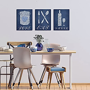 sechars 3 Piece Kitchen Wall Art Eat Love Inspirational Quote Sign Restaurant Cafe Bar Decorations Navy Blue Poster Print on Canvas Framed for Farmhouse Country Home Dining Room Decor Ready to Hang