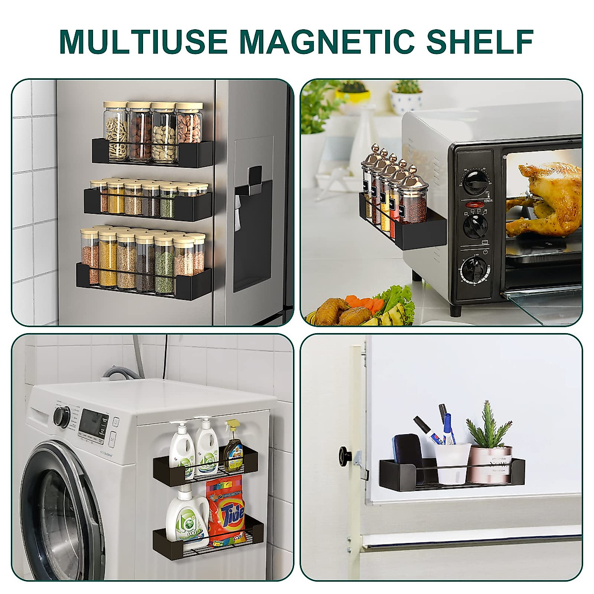 Johamoo 3 Pack Magnetic Spice Rack Organizer, Magnetic Shelf for Refrigerator, Space Saving Seasoning Organizer for Refrigerator and Microwave Oven, Metal Black