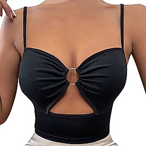 Women's Sexy Sleeveless V Neck Plunging Camisole Basic Solid Color Hollow Out Y4k Cropped Tank Top Slim Bustier Bras Black