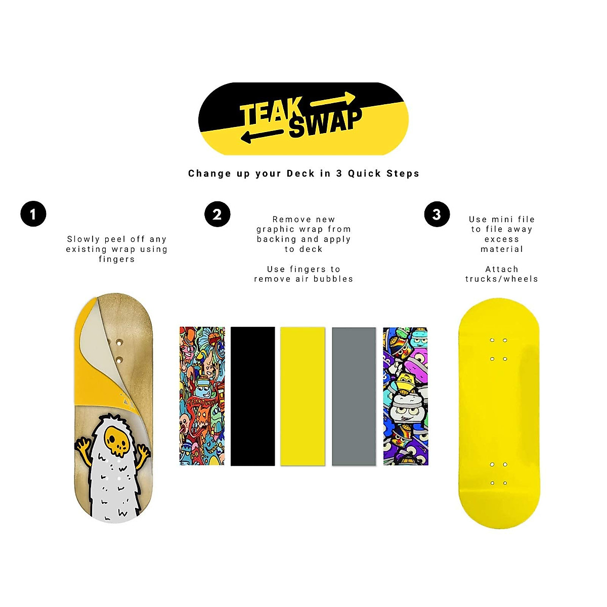 Teak Tuning Teak Swap Fingerboard Deck & Colorblock Wrap - White Snow - Pro Shape & Size, 32mm x 97mm - Maple Deck with Semi-Permanent Vinyl Colorblock