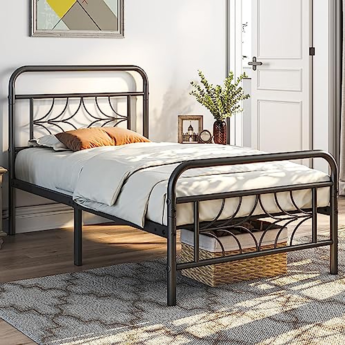 Yaheetech Twin Size Bed Frame Metal Platform Bed with Sparkling Star-Inspired Design Headboard, 13 Inch Underbed Storage, No Box Spring Needed, Easy Assembly, Modern, Black