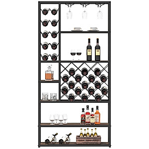 Launica Rustic Wine Rack Freestanding Floor, Industrial Modern Wine Bakers Rack, Farmhouse Wood and Metal Wine Bar Cabinet with Wine Storage and Glass Holder for Home Kitchen Dining Room, Rustic Oak