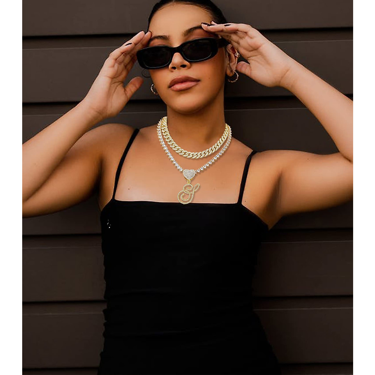 KOHOTA Gold Cuban Link Chain for Women Cursive Initial Pendant Necklace Layered Heart Shaped Zirconia Iced Out Chain Bling Necklace 24K Gold Plated Luxury Hip Hop Jewelry
