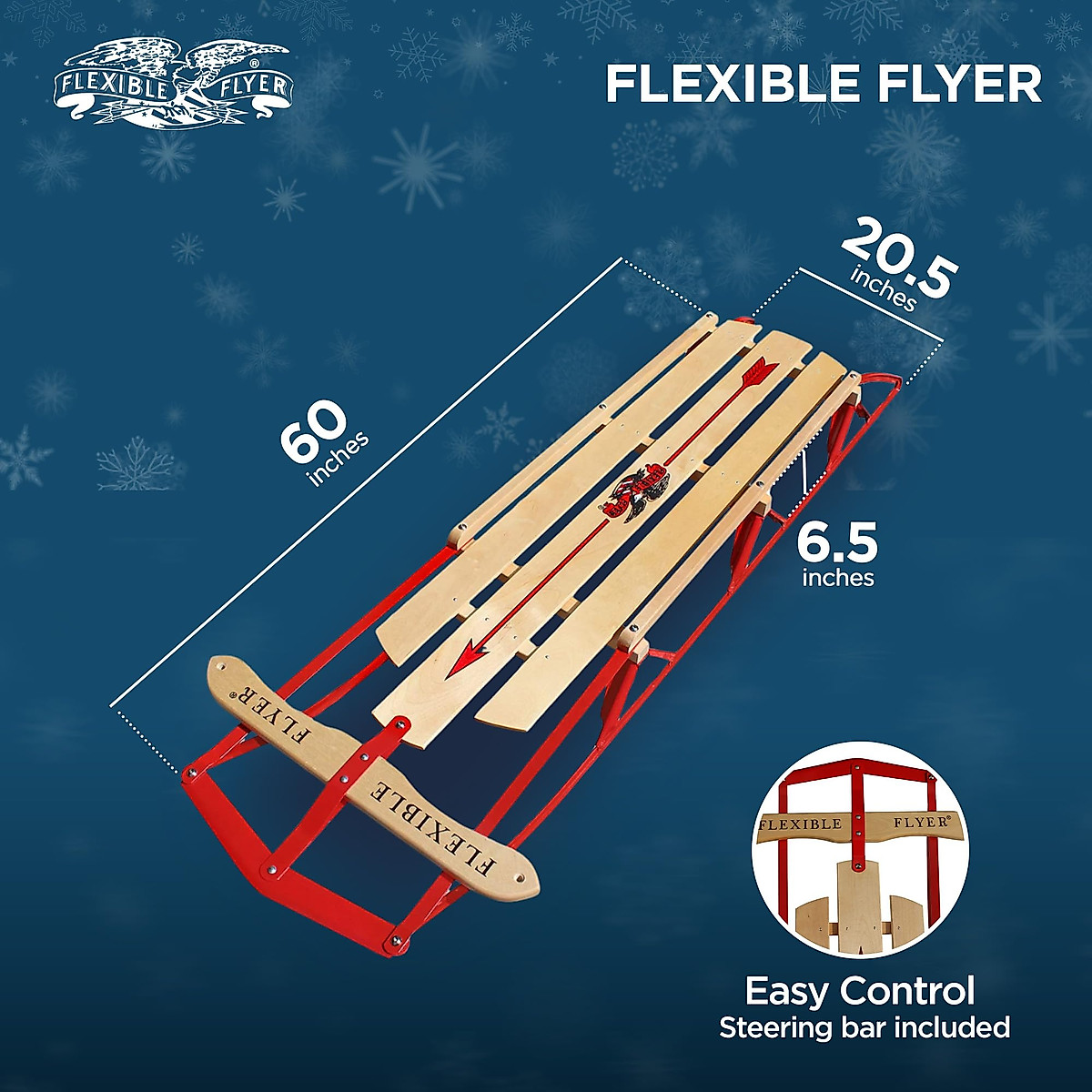 Paricon Flexible Flyer Metal Runner Steel and Wood Snow Sled Slider with Steering Bar, Pre Drilled Holes, and Triple Knee Construction, Red
