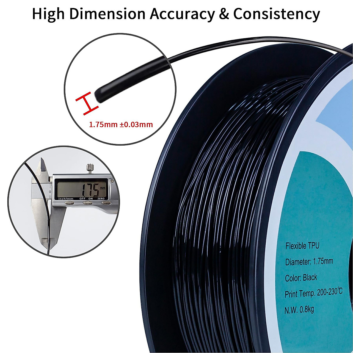 ZIRO TPU Filament 1.75mm 3D Printer Filament, Shore 95A Hardness TPU, Flexible Soft Filament TPU, 0.8KG/1.8lbs Spool, Fit Most FDM 3D Printers, Black