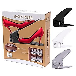 Set of 20 Adjustable Shoe Risers, Double Your Storage Space, 50% Space Saving Double Layer, Shoe Holder Rack Stacker Slots for Closet Shelf Organizer (White)