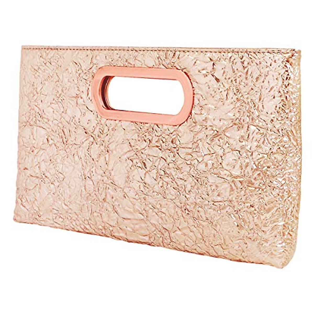 Crushed Metallic Top Handle Clutch, Rose Gold