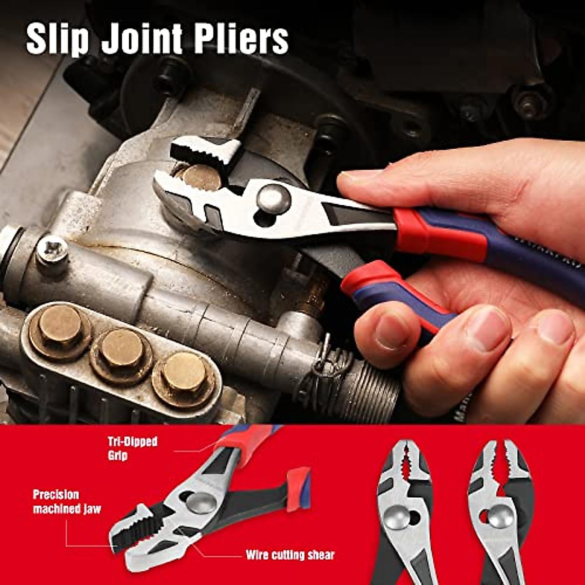 WORKPRO 4-Piece Pliers Set, Premium CR-V Construction Pliers Tool Sets Including Long Nose, Diagonal Cutting, Groove Joint and Slip Joint Pliers（Red）