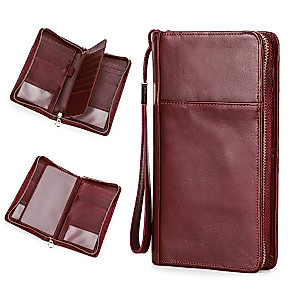 Contacts Travel Passport Wallet for 4 Women Leather Passport Holder RFID Blocking Card Organizer Large Capacity Wristlet Clutch Purse Red with 13 Card Slot