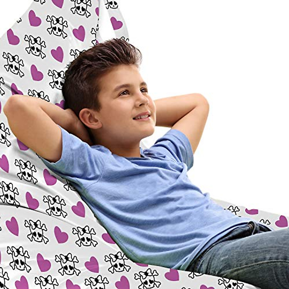 Ambesonne Teen Lounger Chair Bag, Funky and Girlish Youth Pattern Emo Skulls with Bowknots Bones and Hearts, High Capacity Storage with Handle Container, Lounger Size, Violet Black White