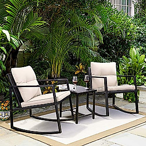 Edenbrook Bayview Rattan Patio Furniture - Mix and Match Outdoor Furniture, L-Shape Sofa Only, Brown Rattan/Cream & Greesum 3 Pieces Rocking Wicker Bistro Set, Patio Outdoor Furniture Conversation
