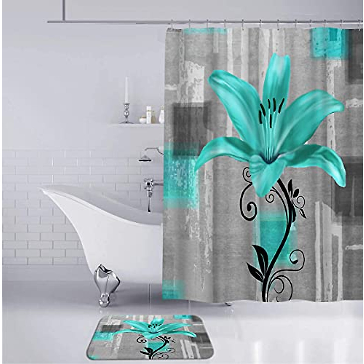 DuoBaorom 4 Pieces Set Teal Lily Flower Shower Curtain Set Geometric Floral Green and Grey Art on Non-Slip Rugs Toilet Lid Cover Bath Mat and Bathroom Curtain with 12 Hooks 72x72inch