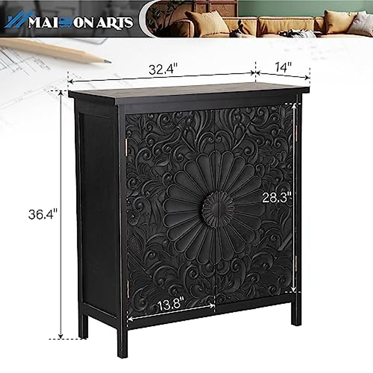 MAISON ARTS Black Accent Cabinet with Doors Distressed Storage Cabinet Farmhouse Cabinet Kitchen Bar Wine Cabinet Solid Wood Frame for Entryway Living Room Bedroom