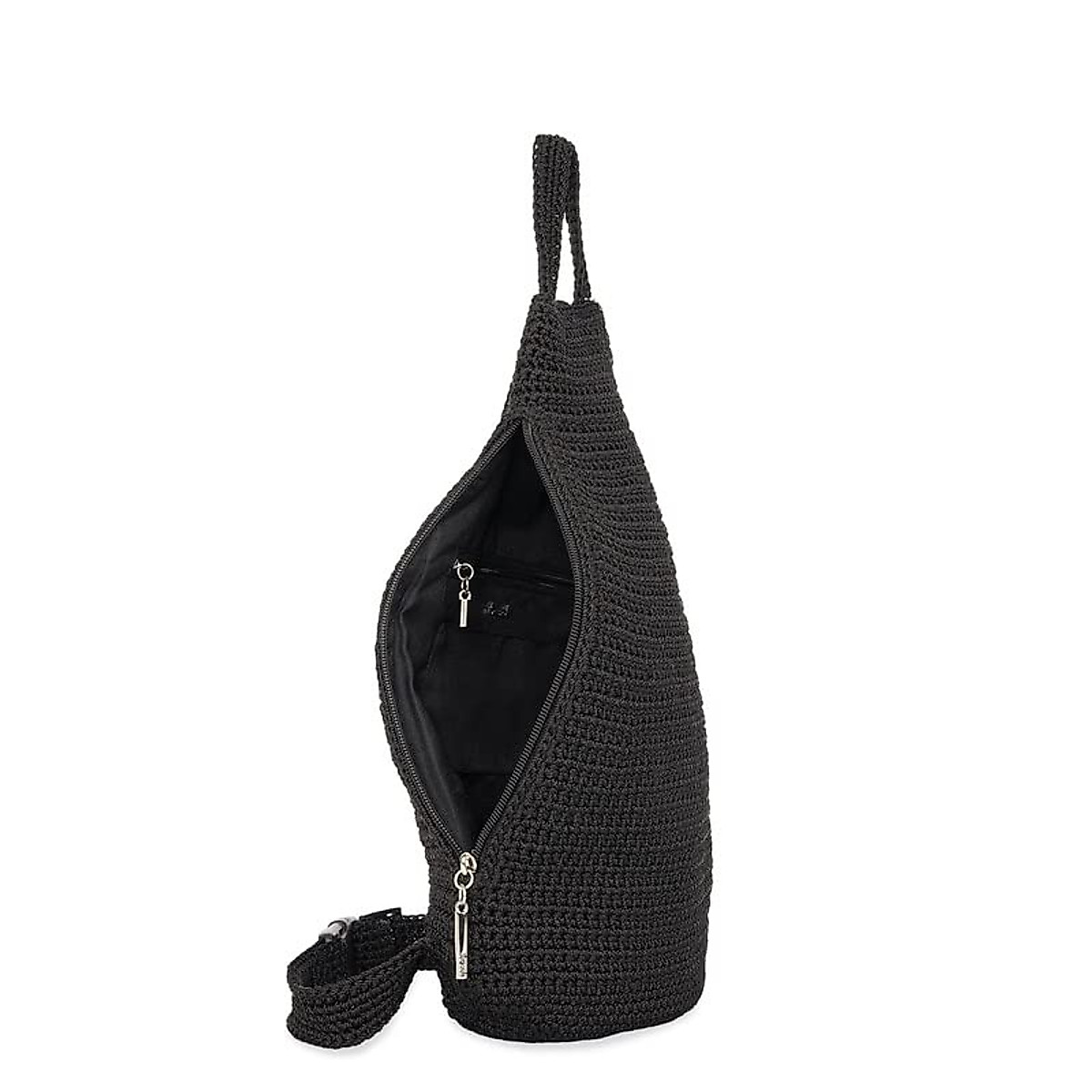 The Sak Geo Sling Backpack in Crochet, Single Sling Shoulder Strap, Black