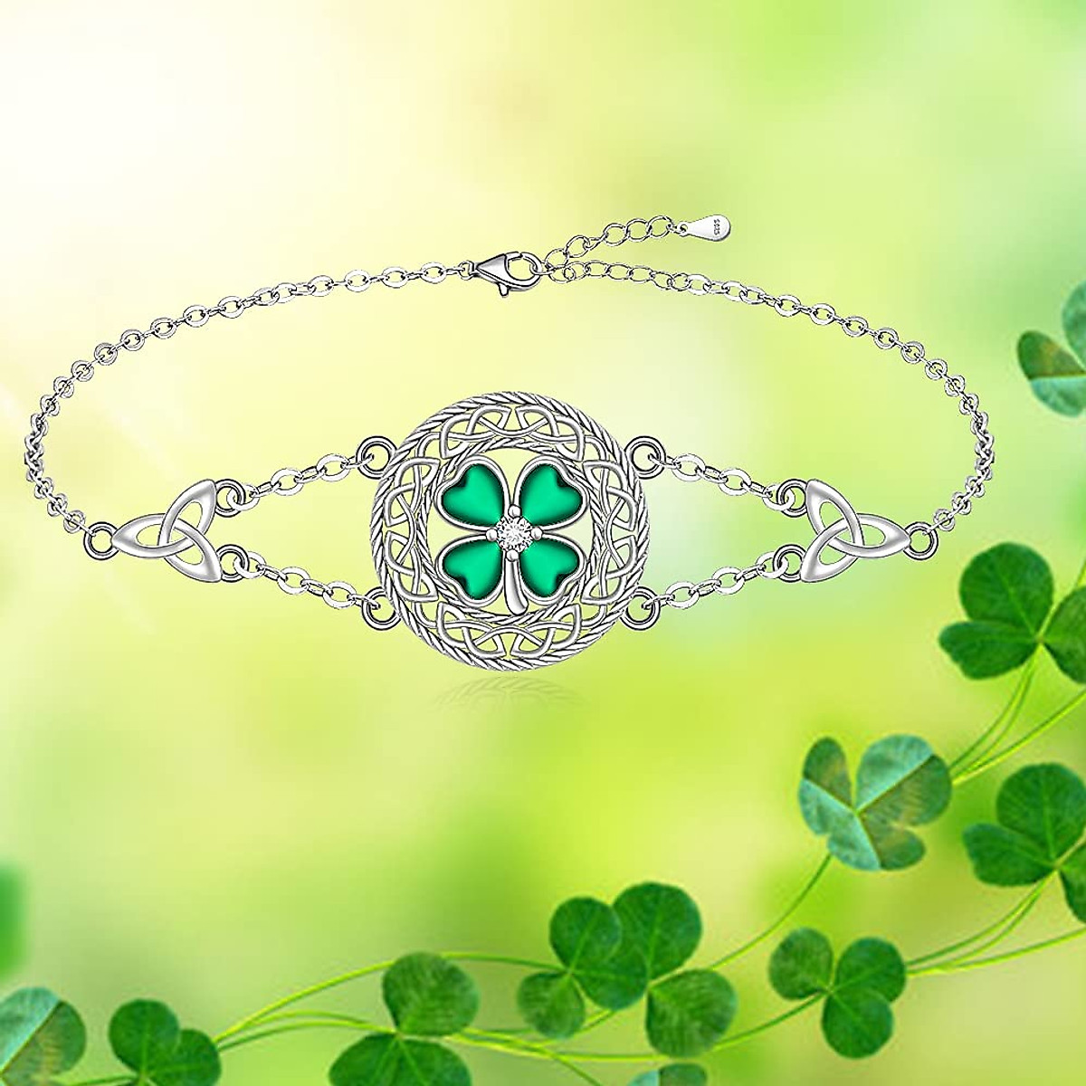 Shamrock Four Leaf Clover Bracelet for Women St Patricks Day Bracelet Sterling Silver Celtic Knot Irish Green 4 Leaf Clover Shamrock Bracelets Jewelry Charm Good Luck Gifts