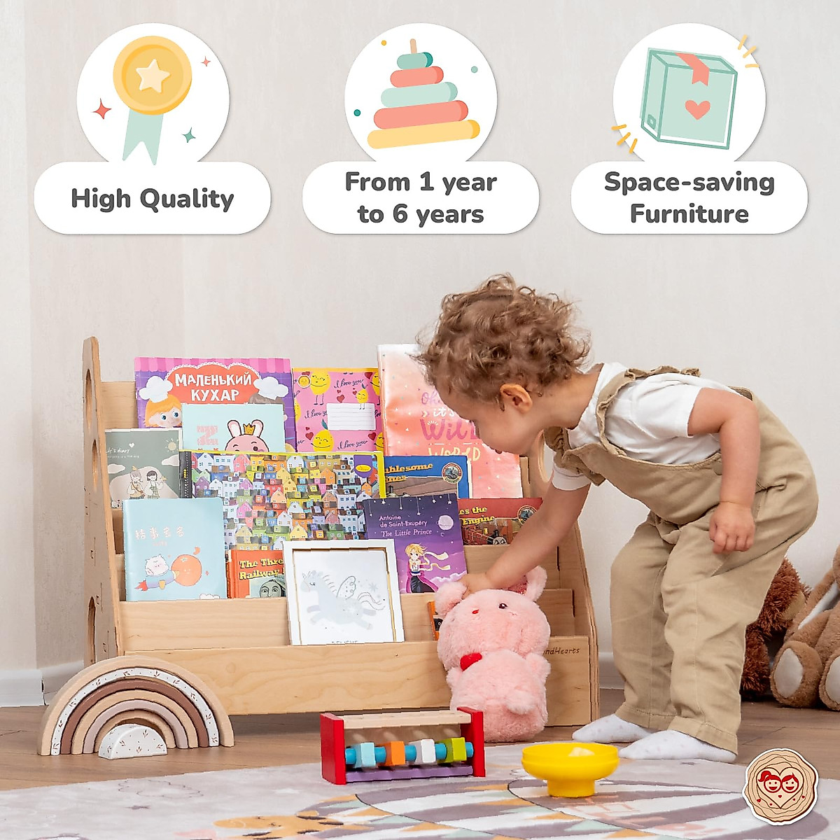 WoodandHearts Kids' Bookcases, Cabinets & Shelves, Nursery bookshelf, Childrens bookshelf, Bookshelf for kids, Montessori Shelf, Preschool Bookshelf, Montessori furniture for 1 year old (Kristi)