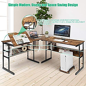 Tangkula 67 inches L-Shaped Desk, Corner Computer Desk with Bottom Bookshelves & CPU Stand, Drafting Drawing Table with Tiltable Desktop, Corner Computer Workstation Home Office Desk (Rustic Brown)