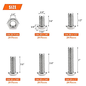 HELIFOUNER 120 Pieces 5 Sizes 304 Stainless Steel 1/4-20 x 3/8" 1/2" 5/8" 3/4" 1" UNC Thread Hex Button Head Cap Bolts Kit