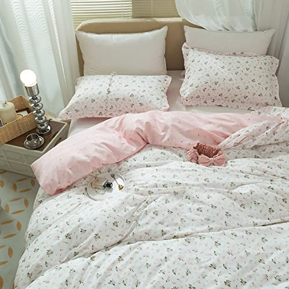 LifeTB Cotton Floral Duvet Cover Queen Girl Pink Flower Bedding Sets Garden Style Cotton Comforter Cover Pink White Floral Bedding Sets Flower Branches Pattern Duvet Cover with Zipper Closure