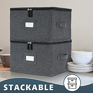 popoly China Storage Containers Inside 12" W x 8" H, Dinnerware Storage Box for Dishes Plate Storage with 24 Felt Dividers, Hold 24 Plates, Hard Shell and Stackable (2 Pack Grey)