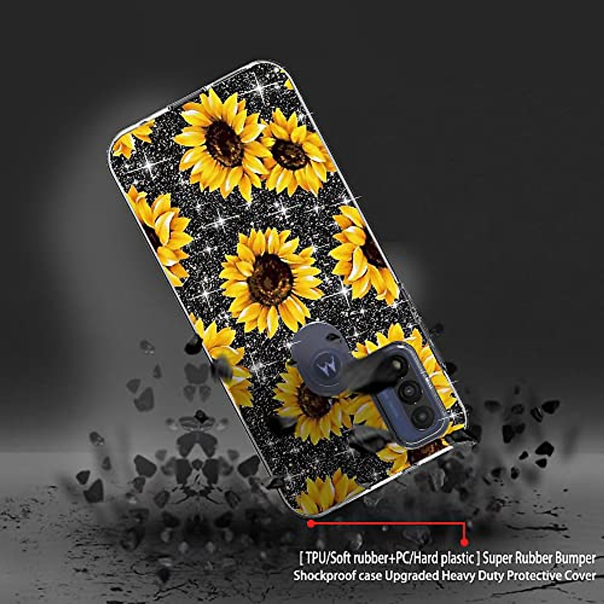 DDTKZC for Motorola G Pure Case,Moto G Pure Case, Tempered Glass Protector Lustre Pattern-Sparkle 3 in 1 Clear Shockproof Case for Moto G Pure (Yellow Sunflower)