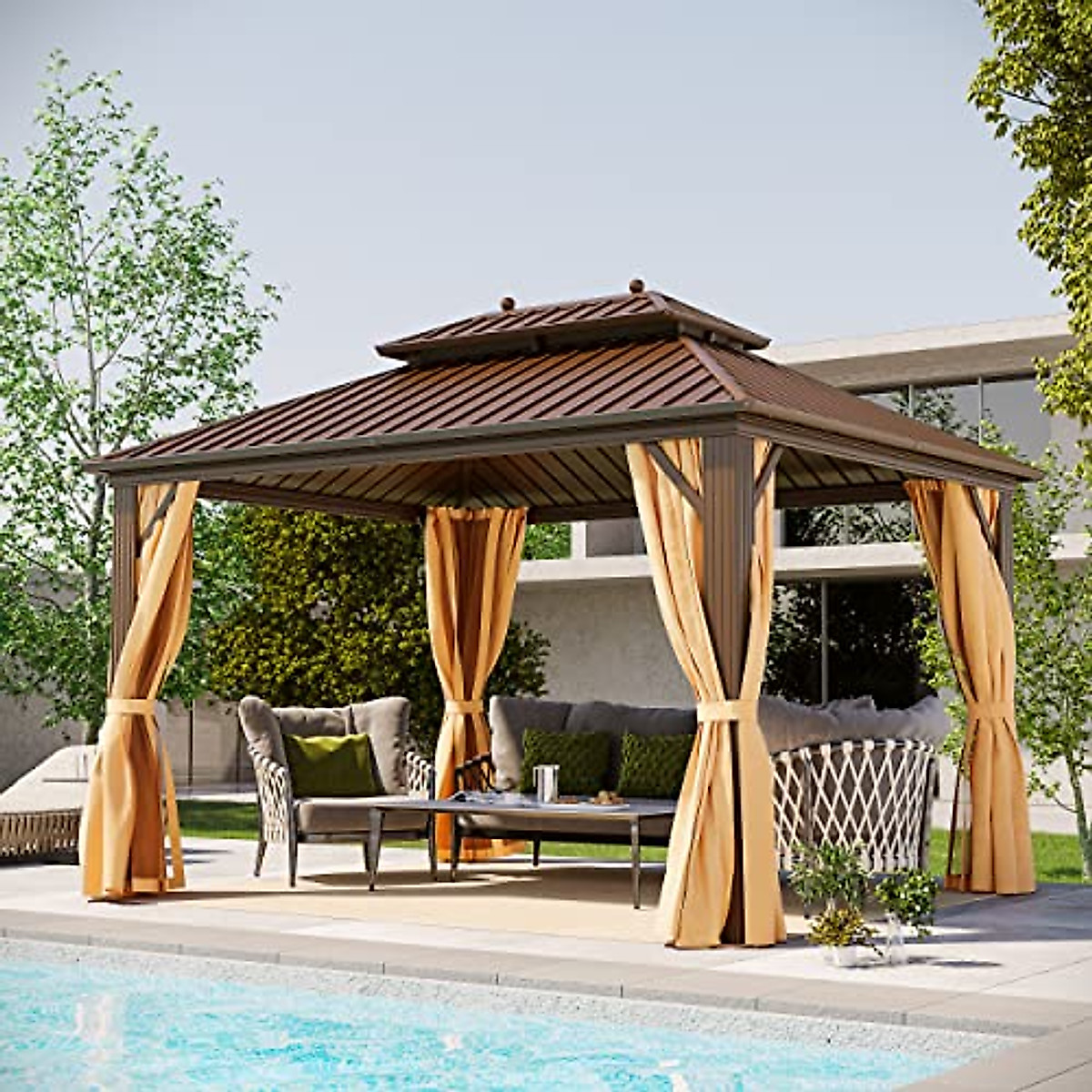 GAZEBEST 10'x12' Hardtop Gazebo Outdoor Aluminum Patio Gazebo Double Roof Galvanized Steel Gazebo Canopy with Netting and Curtains,for Garden Patio,Patio Backyard,Deck and Lawns