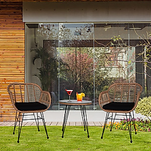 Patio Porch Furniture Set 3 Pieces, Outdoor Wicker Rattan Chairs Of 2, Front Porch Furniture, Outside Balcony Conversation Chairs With Tempered Glass Tabletop For Garden Indoor Outside (Style 1)