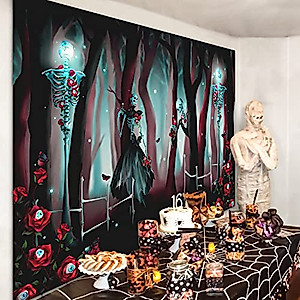 3 x 5 ft Fabric Rose Skeleton Party Backdrop for Halloween Party Decoration Hanging Party Background for Theme Birthday Wedding Engagement Anniversary Party Supplies (7x5 Rose Skeleton Backdrop)