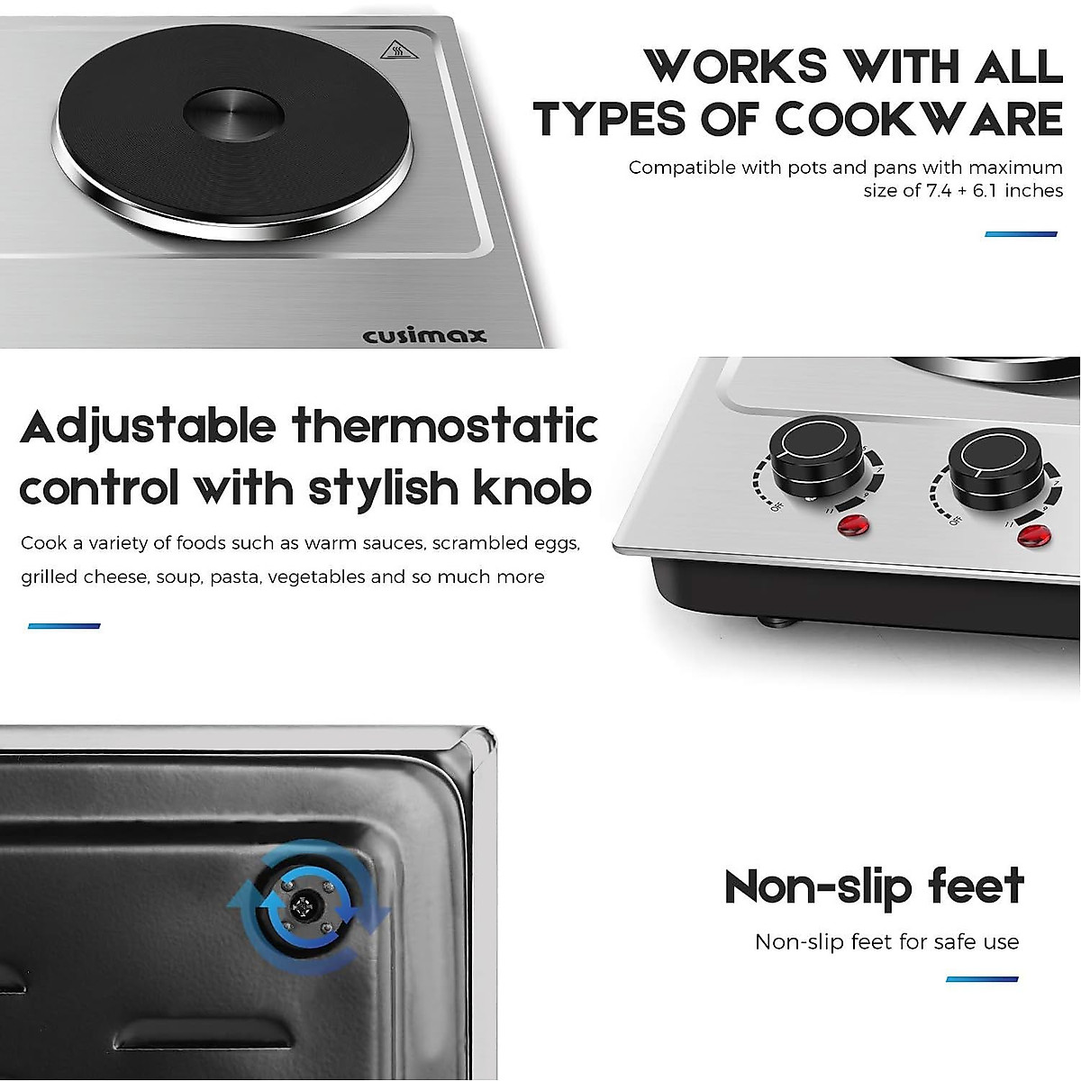 Hot Plate,Cusimax Double Burner 1800W Cast Iron Heating Plate,Electric Stove with Adjustable Temperature Control,Stainless Steel,Suitable for Various Scenarios Upgraded Version