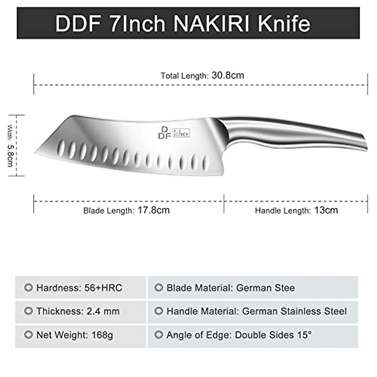 DDF iohEF Kitchen Knife, Chef's Knife In Stainless Steel Professional Cooking Knife, 7 Inch Antiseptic Non-slip Ultra Sharp Knife with Ergonomic Handle Ideal for Kitchen/Restaurant