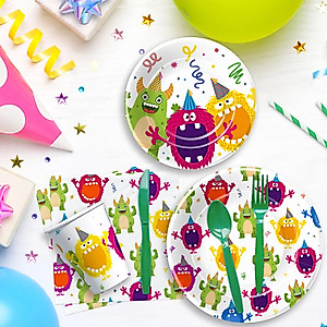 Xigejob Monster Birthday Party Supplies - Monster Party Decorations Tableware, Plate, Cup, Napkin, Tablecloth, Cutlery, Monsters Theme 1st 2nd 3rd Birthday Baby Shower Decorations Dinnerware| Serve 24