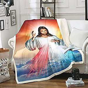 Erosebridal Jesus Blanket Throw Christian Easter Floor Throw Twin Size for Teens Adult Women Mary Bless Theme Religious Culture Plush Bed Blanket Blue and Red Lines Stripe Cloud Fleece Blanket