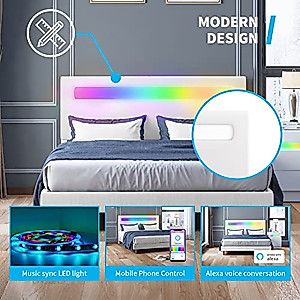 Mjkone Platform Bed Frame with Smart RGB LED Light Bar, Full Size Bed Frame with Headboard, Works with Alexa or Apps, Upholstered Bed Frames Adjustable Lighting Effects/ No Mattress (Full, White)