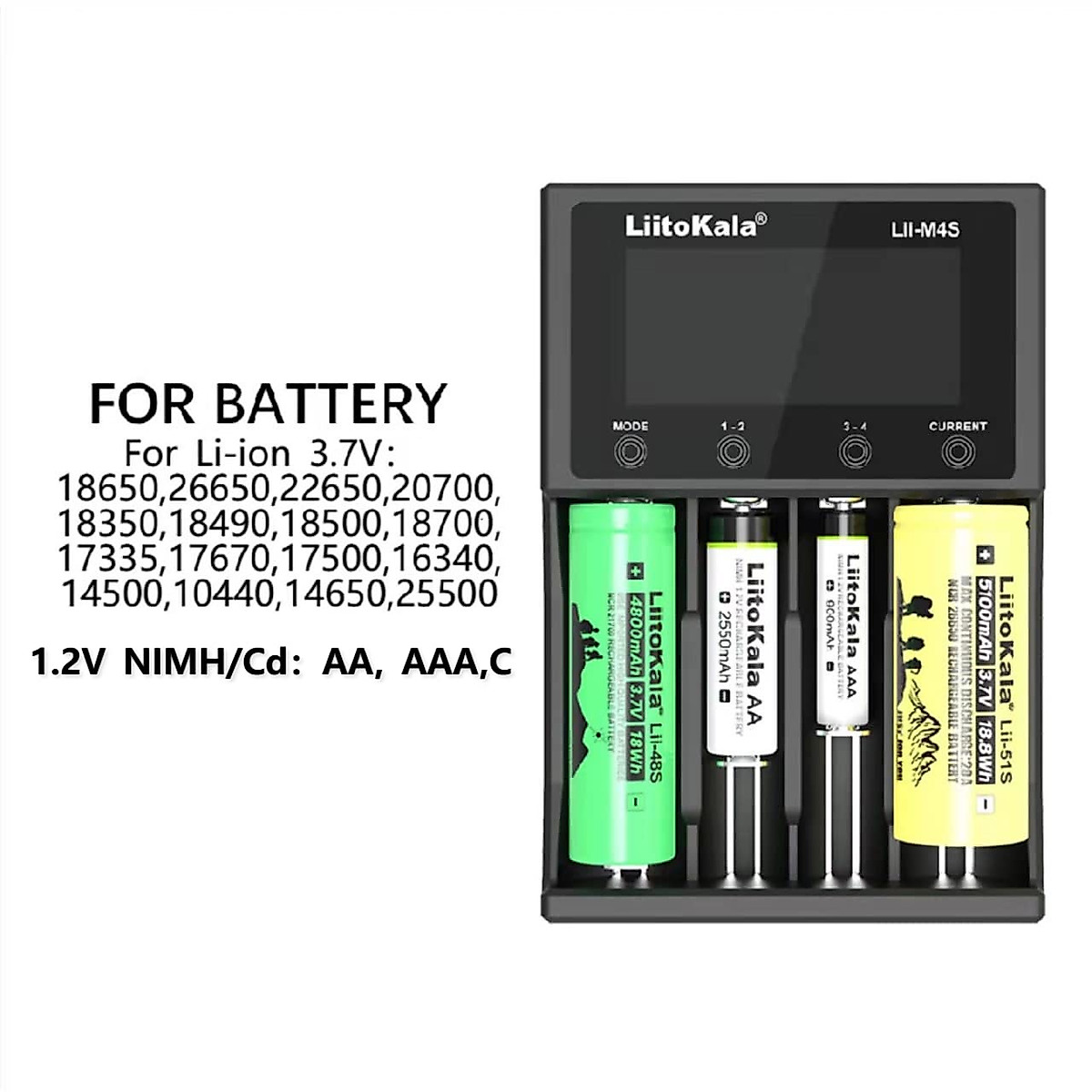 4-Bay 18650 Battery Charger，Test Battery Capacity，Touch Button,Universal Battery Charger for: 3.7V 26650 20700 18650 18350 1.2V NiMH/Cd AA AAA Size Batteries