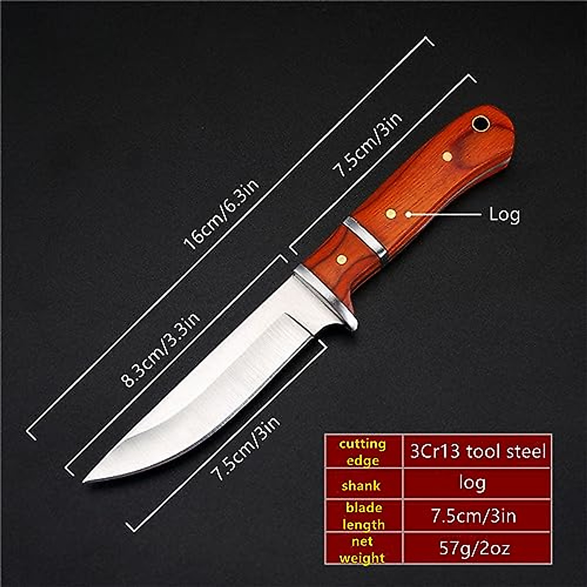 10MOONS 6.3-Inch Fixed Blade Bushcraft Knife with Leather Sheath, Stainless Steel Blade and Log Handle, for Hunting Camping Hiking Survival and Cutting Meat Fruit Vegetable