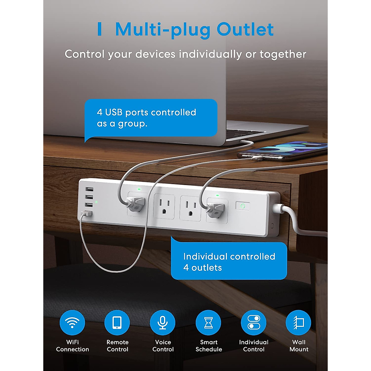 meross Smart Plug Power Strip, WiFi Flat Outlet 15A Compatible with Apple HomeKit, Siri, Alexa, Google Assistant & SmartThings, with 4 AC Outlets & 4 USB Ports, 6 Feet Surge Protector Extender