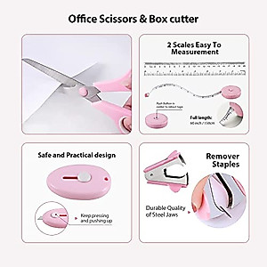 Pink Office Supplies Kit, 14 Piece Desk Accessory Kit Stapler and Tape Dispenser Set Includes Desktop Staple, Stapler Remove, Single Hole Punch, Tape Dispenser, Tape Measure, Scissors, Pen Holder