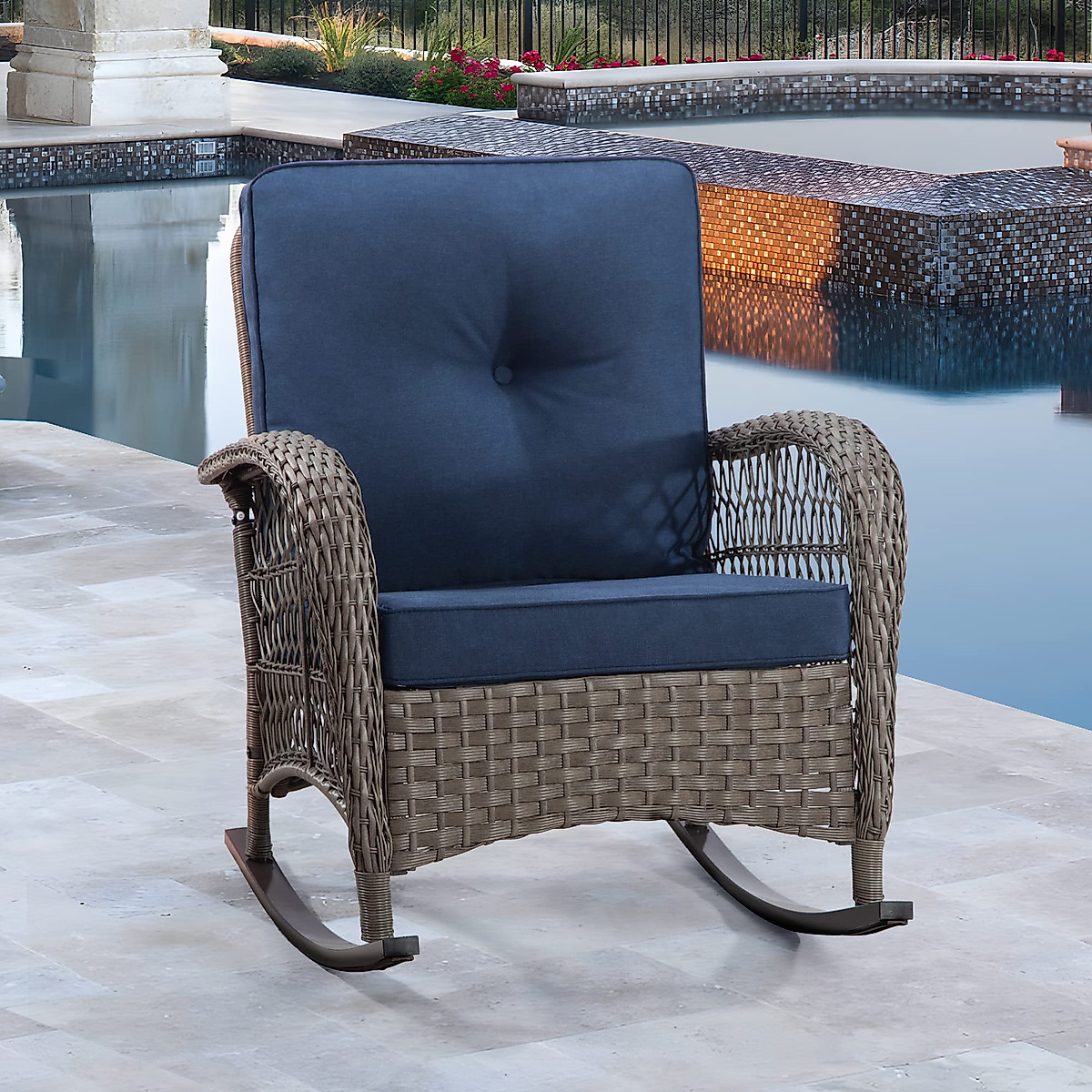 MeetLeisure Patio Wicker Rocking Chair - All-Weather Outdoor Rocker Chair with Safe Rocking Design and Premium Fabric Cushions (Mixed Grey/Blue)