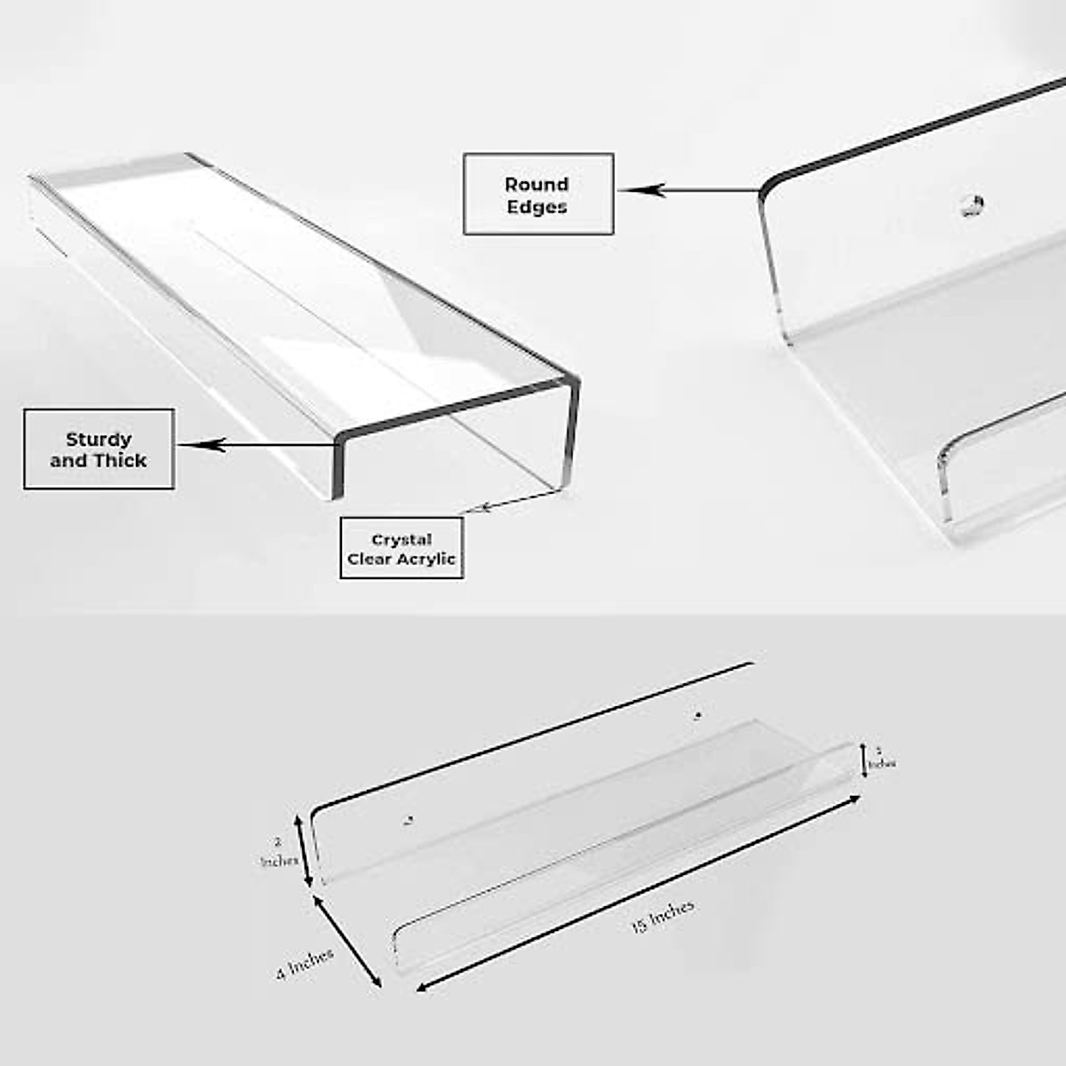 Dino74 Thick Clear Acrylic Floating Shelves – Set of 4 Invisible Spice Lip Shelf, Wall Mounted Bathroom Storage, Nursery Kids Bookshelf, Toys Display, Room Décor for Living Room, Bedroom