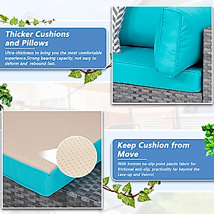 Shintenchi 7 Pieces Outdoor Patio Sectional Sofa Couch, Silver Gray PE Wicker Furniture Conversation Sets with Washable Cushions & Glass Coffee Table for Garden, Poolside, Backyard (Sky Blue)